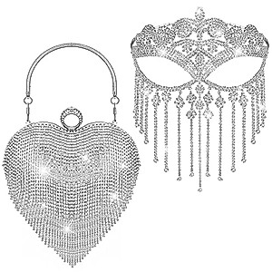 Amylove Heart Shape Tassel Evening Clutch Bag Silver Masquerade Tassel Mask Chain for Women Rhinestone Purse Face Jewelry for Wedding Party Cosplay