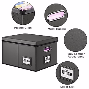 Huolewa Portable Leather File Organizer Boxes with Lids, Collapsible Linen Hanging Filing Storage Boxes with Plastic Slide, Decorative Home/Office Filing System Boxes for File and Folders Storage