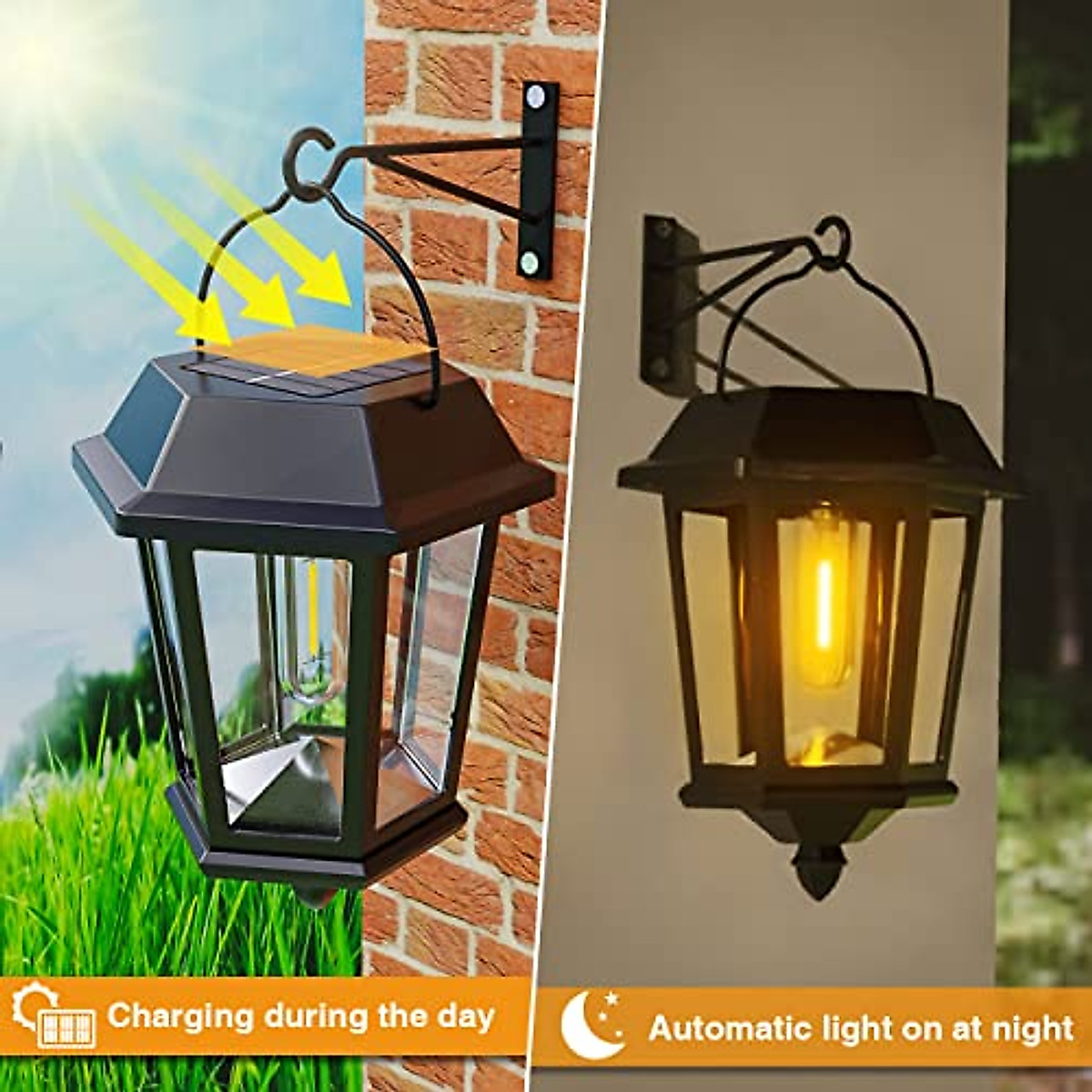 2 Pack Solar Lanterns Outdoor Waterproof Hanging Lights, Metal Solar Hanging Lanterns Outdoor with Clear Glass & Hook, Anti-Rust LED Solar Wall Lantern Sconce Light Fixture for Garden, Porch, Fence
