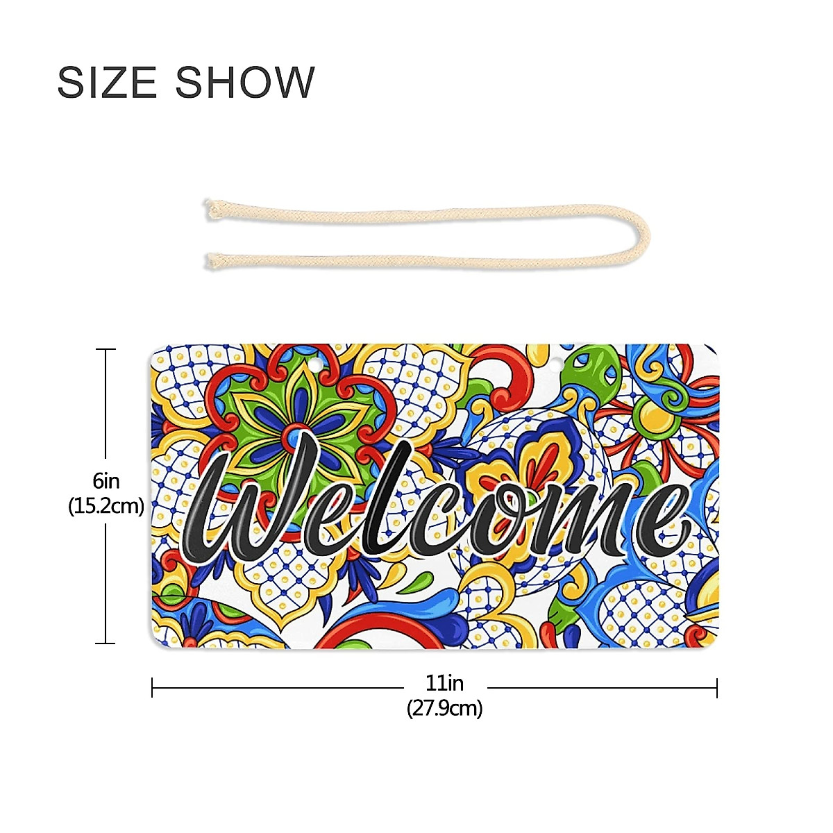 xigua Hanging Plaque Welcome Sign with String, Gate Wall Sign for Front Door Porch Garden Farmhouse Home Bar Cafe Doors Decor, Mexican Talavera Ceramic