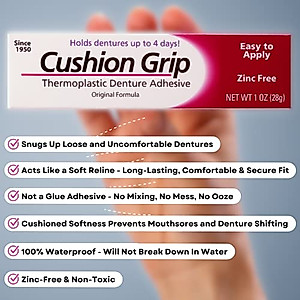 Cushion Grip Thermoplastic Denture Adhesive, 1 oz (Pack of 2) - Refit and Tighten Loose and Uncomfortable Denture [Not A Glue Adhesive, Acts Like A Soft Reline for Denture]