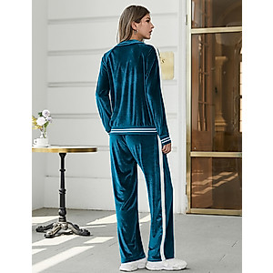 Ekouaer Women's Velvet Velor Tracksuits 2 Piece Lounge Outfits Zip Up Sweatshirt and Sweatpants with Pockets S-3XL(Blue,3X-Large)