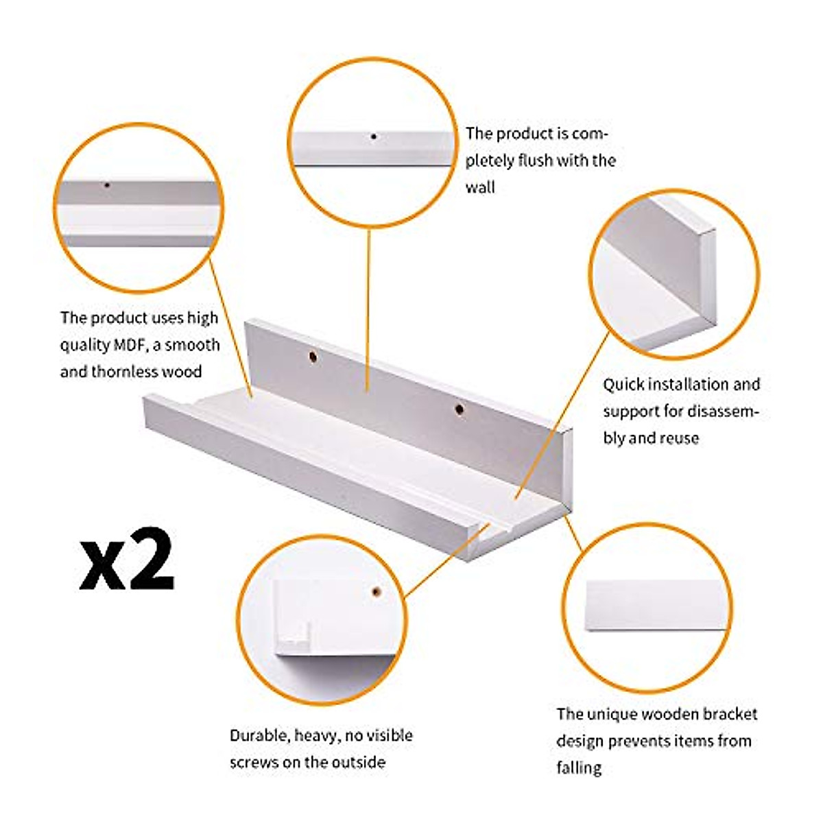 Muzilife 12 Inch White Floating Shelves - Set of 2 Rustic Wood Floating Shelves - Wall Mounted Small Picture Ledge for Bathroom, Bedroom, Living Room