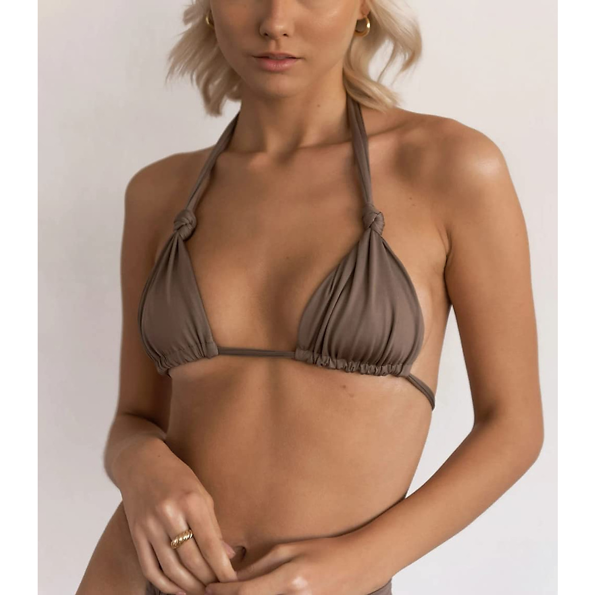 fatty tiger Sexy Bikini Sets for Women - Halter Neck Triangle Bikini Top with High Cut Cheeky Thong Bottom 2pcs Swimsuit Swimwear Coffee M