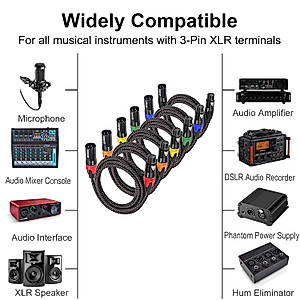 MIKIZ XLR Cables for Microphone 25ft 6 Packs - Braided Premium Balanced XLR Mic Cable 3-Pin Male to Female Dual Shielded