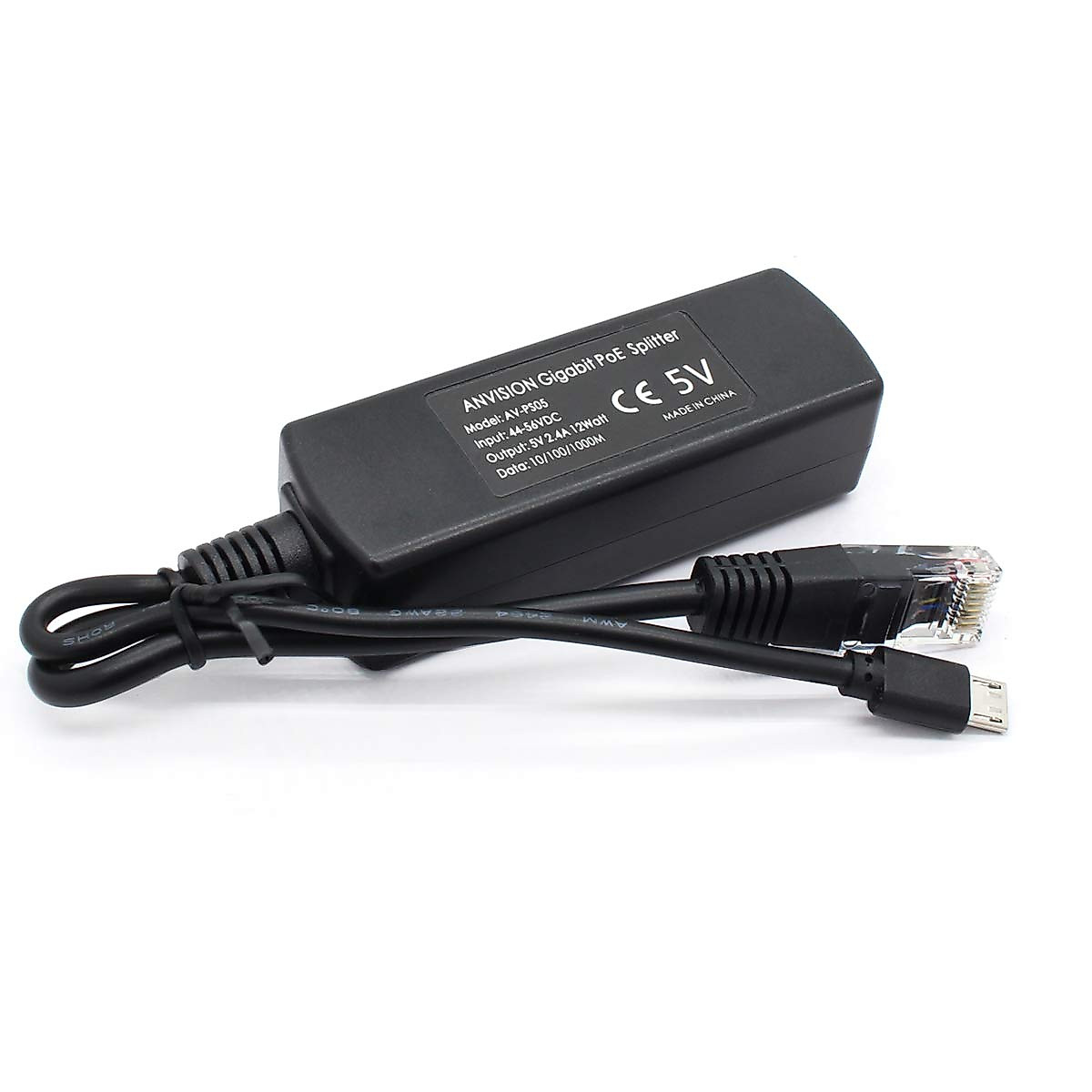 ANVISION Gigabit PoE Splitter, 48V to 5V 2.4A Micro USB Ethernet Adapter, Compatible with Raspberry Pi 3B+, IP Camera and More