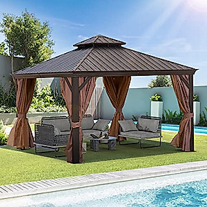 EMKK 12x12FT Hardtop Gazebo, Patic Gazebo Wooden Coated Hardtop Frame Canopy with Galvanized Steel Double Roof, Outdoor Permanent Metal Pavilion with Curtains and Netting for Deck,Garden, Backyard
