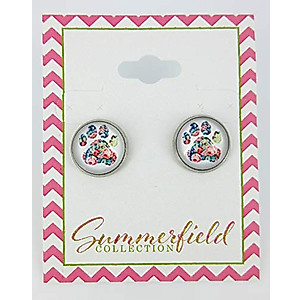 Stainless Steel White and Flower Paw Print Glass Stud Earrings 12mm