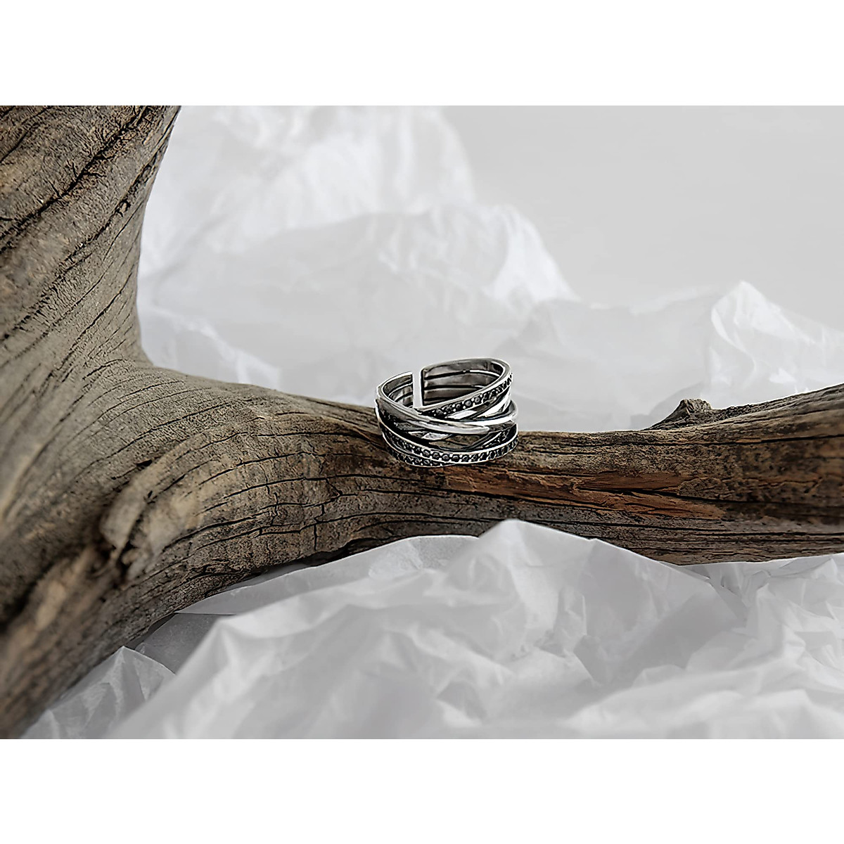 Leon Design Sterling Silver Multi Layer Winding AAAA Grade Cubic Zirconia Statement Rings for Women CZ Diamond Multi Row Silver Retro Vintage Engagement Wedding Adjustable Band Ring for Women