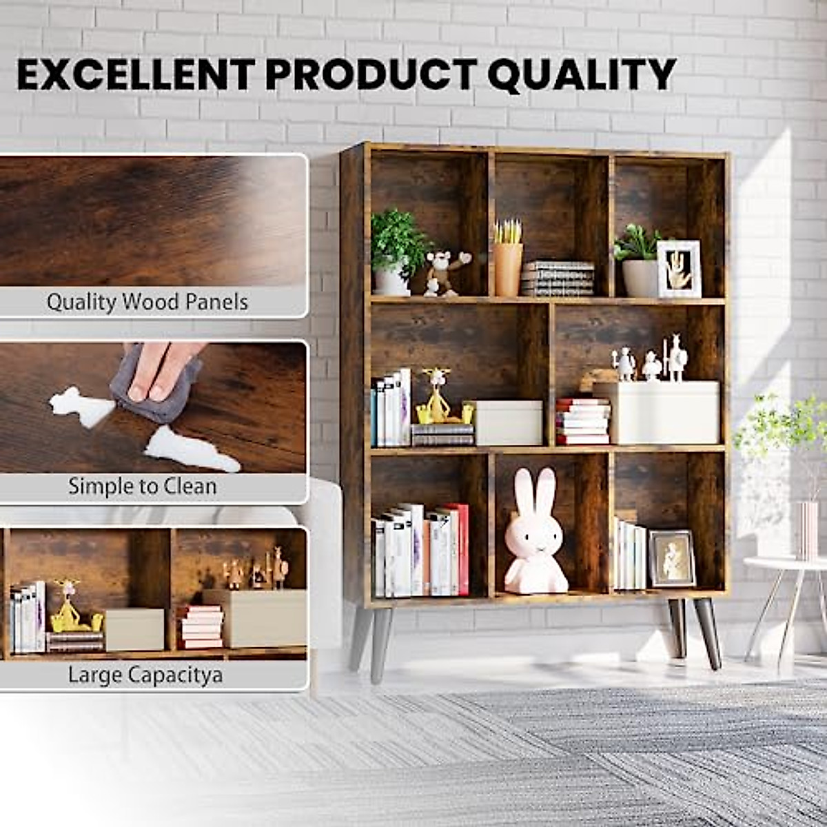 EasyCom Wood Open Shelf Bookcase and Bookshelf- 3 Tier Modern Bookcase with Legs- Display Book Shelves Cube Organizer for Books Home Office Living Room Bedroom Entryway Kitchen