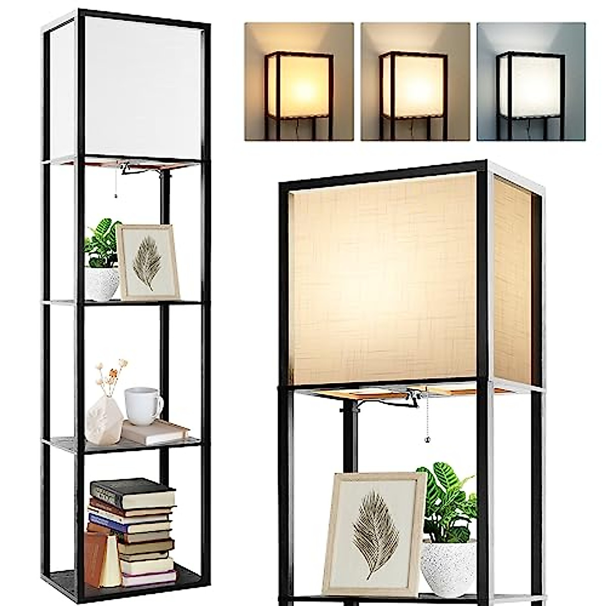 AVV Wide Floor Lamp with Shelves, 4-Tier Modern Shelf Floor Lamp 15W LED Bulb with 2700 4000K 5000K Color Selectable, Display Lamp for Living Room, Bedroom, and Office, Black
