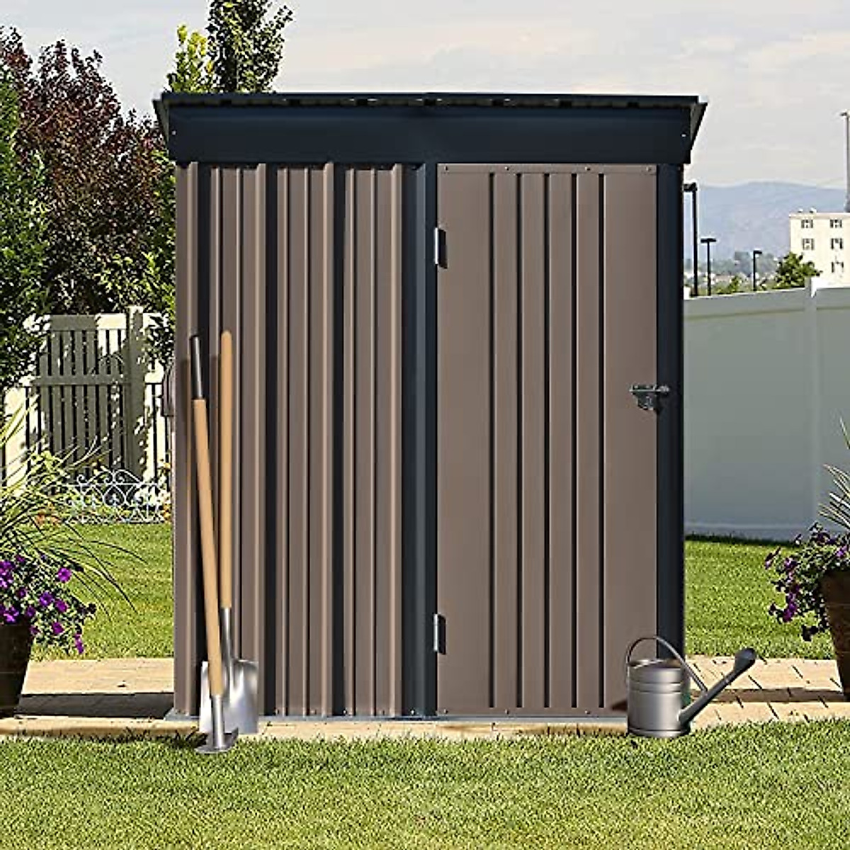 Rhomtree 5' x 3' Metal Outdoor Storage Shed, Steel Utility Tool Shed Storage House with Door & Lock, Metal Sheds Outdoor Storage for Backyard Garden Patio Lawn (Brown)
