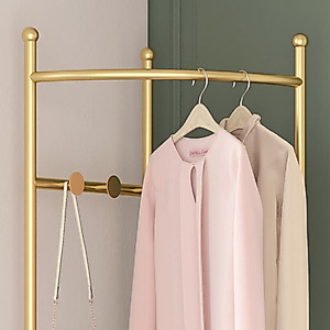 FLRH Metal Corner Coat Rack, Corner Hall Tree with Storage Basket, Freestanding Clothes Rack Organizer for Entryway, Living Room, Bedroom, Home, Office (Gold)