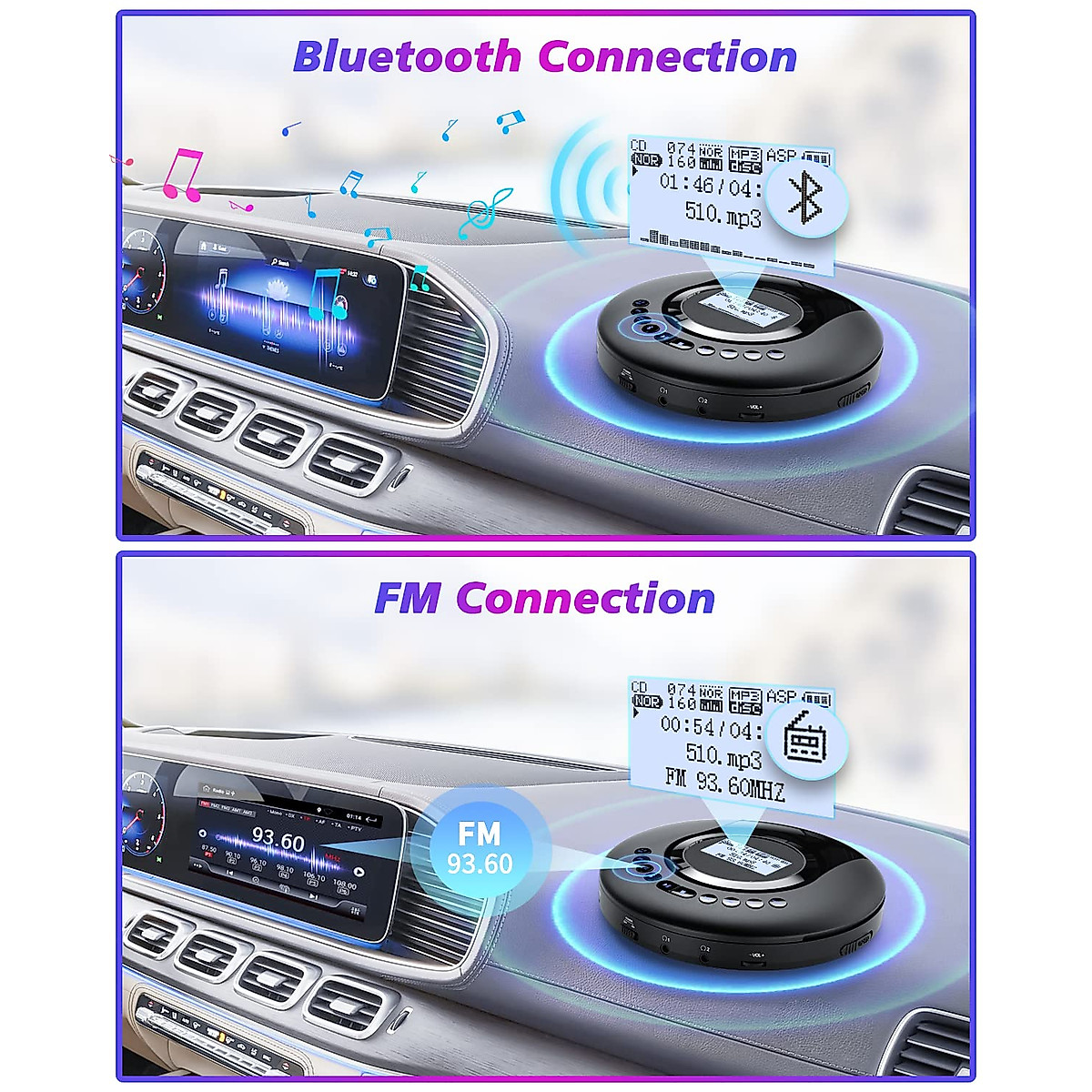 CD Player Portable ARAFUNA, Portable CD Player Bluetooth with FM Radio, 2000mAh Rechargeable CD Player for Car with LCD Screen, Anti Shock Protection Walkman CD Player with Headphone, AUX Cable