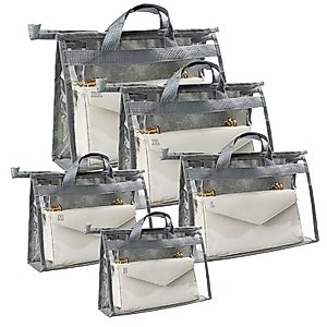 5 Sizes Clear Handbag Storage Organizer with Cozy Handle and Smooth Zipper, KMOTASUO Anti-dust Handbag Dust Cover Bag, Space-Saving Purse Storage Bag Organizer for Closet (Grey)
