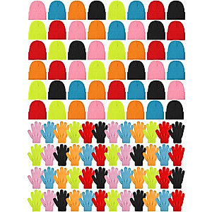 Retisee 96 Pcs Kids Winter Beanie and Gloves Set Knit Hat Bulk Warm Gloves Cap for Boys Girls Homeless Gift(Mixed Color)