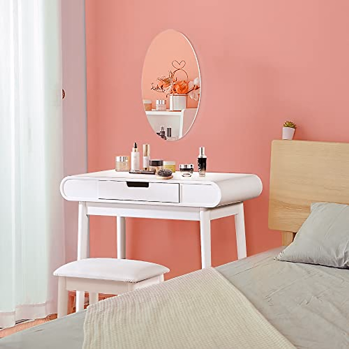 FUQIAOTEC Modern White Makeup Vanity Set, High Gloss Dressing Table with Vanity Stool and Drawer, Minimalism Bedroom Vanity Set Without Mirror, Stable and Durable Solid Wood Legs