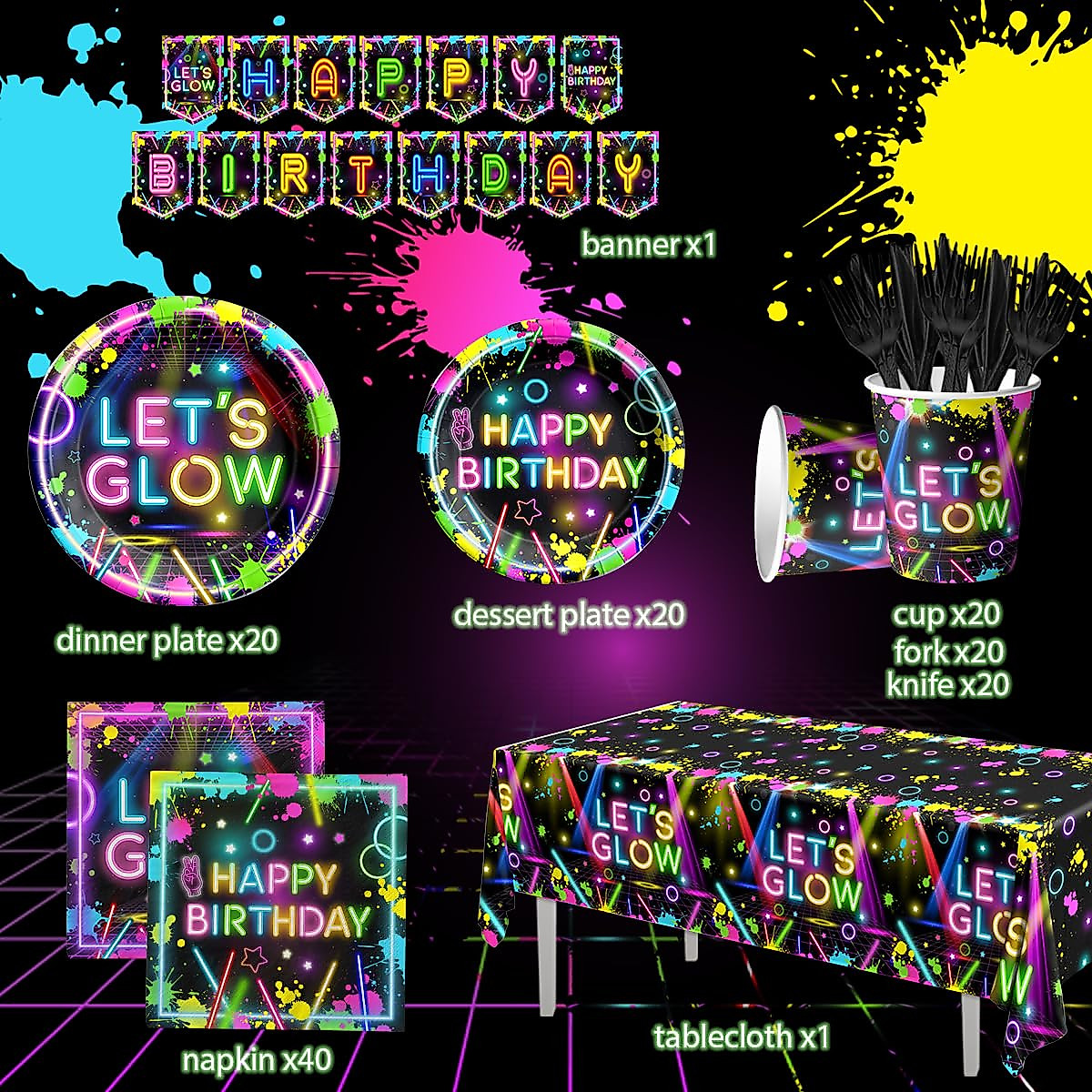 Neon Party Supplies,142Pcs Let Glow Party Decorations Including Disposable Paper Plates,Cups,Tablecloths, Glow in the Dark Theme Decoration for Birthday Baby Shower Party