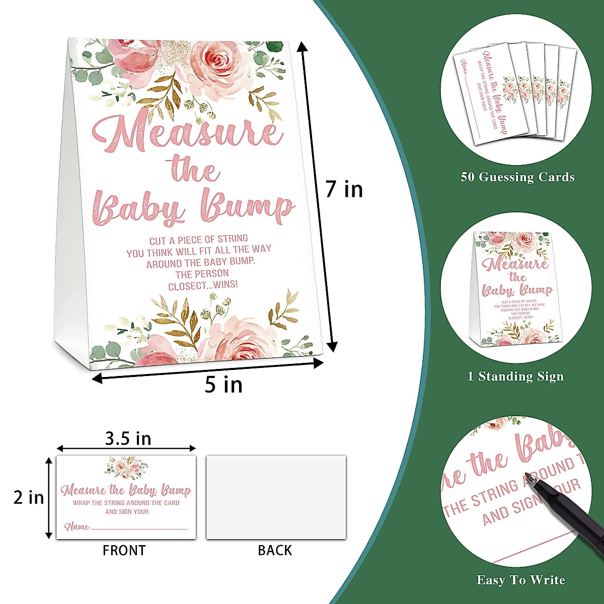 Baby Shower Game Set, Measure The Baby Bump(1 Standing Sign + 50 Guessing Cards), Floral How Big is Mommy's Belly Party Game, Blush Pink Baby Shower/Gender Reveal Party Favor Decor(A02)