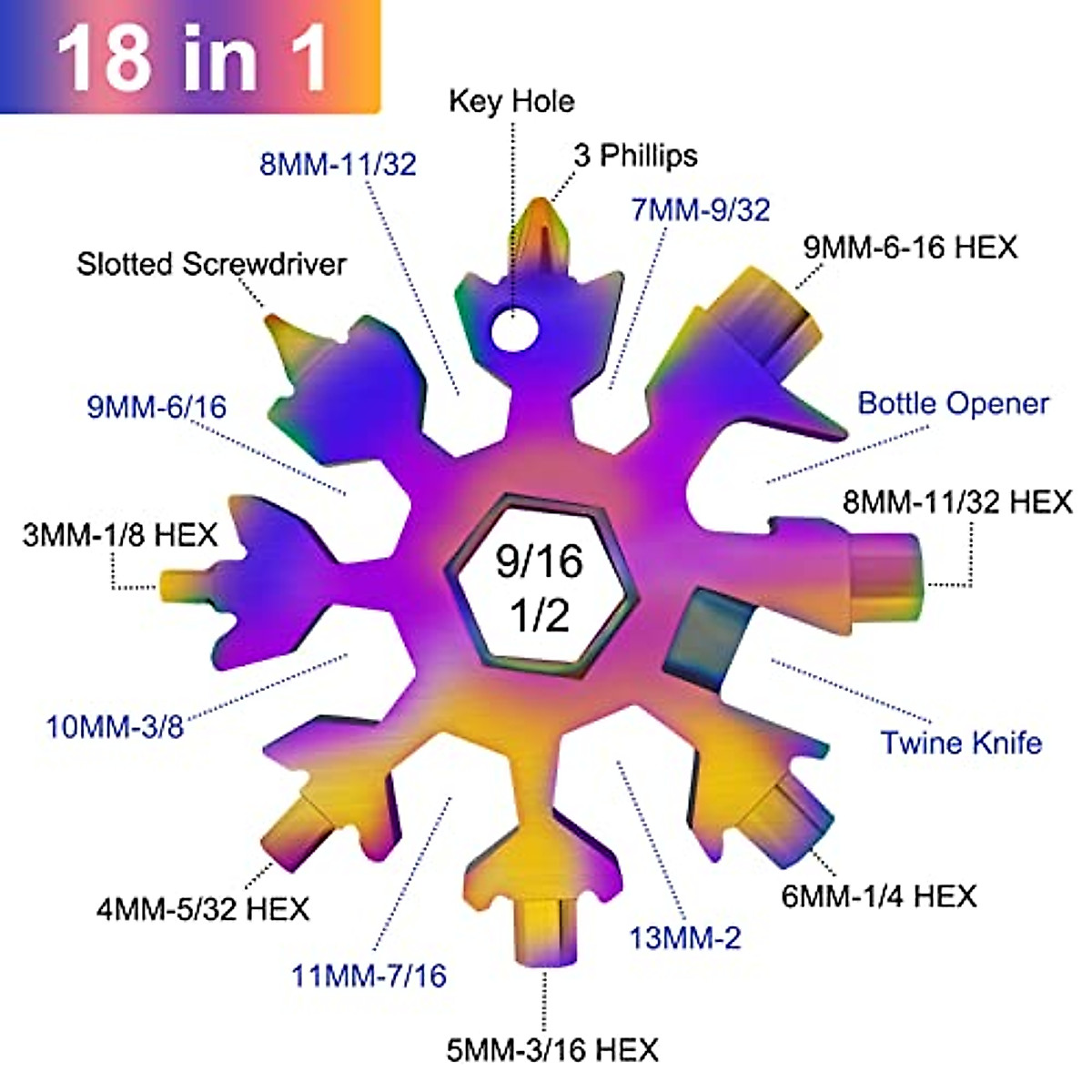 18-in-1 Snowflake Multitool, 9 Packs Stainless Steel Snowflake Wrench/Bottle Opener/Screwdriver Kit, Stainless Steel Portable Star Tool for Christmas Great Gifts