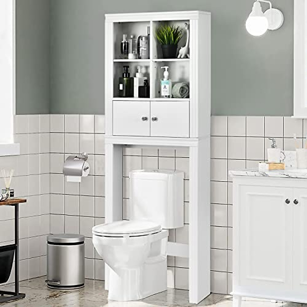 Tangkula Over The Toilet Storage Cabinet, Bathroom Space Saver Organizer w/4 Open Shelves, 2-Door Cabinet & Adjustable Shelves, Above Toilet Stand w/Anti-Tilt Device, Freestanding Toilet Rack (White)