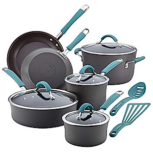 Rachael Ray Cucina Hard Anodized Nonstick Cookware Pots and Pans Set, 12 Piece, Gray with Blue Handles