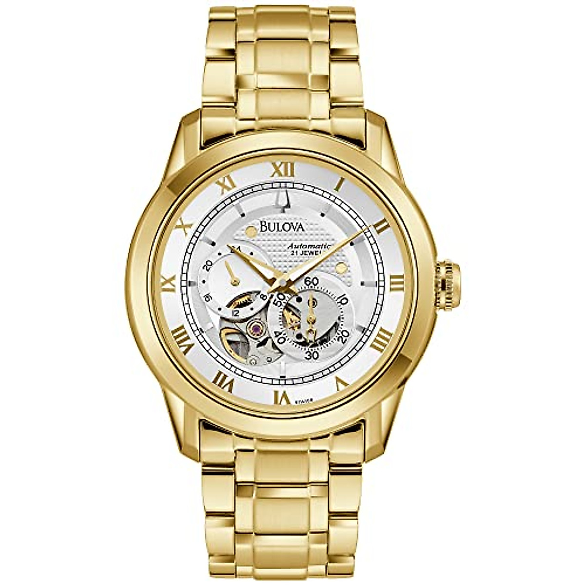 Bulova Men's Classic Sutton 4-Hand Automatic Watch, 24-Hour Sub Dial, Open Aperture, Self-Winding, Exhibition Caseback, Double Curved Mineral Crystal, Luminous Hands, 42mm Style: 97A108