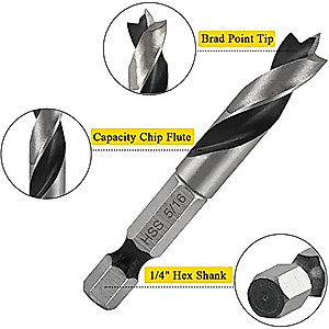 Bestgle 6 Pcs Brad Point Drill Bits(3/8", 5/16", 1/4", 3/16", 1/8", 3/32"), 1/4 Inch Hex Shank HSS Spiral Twist Wood Drill Bit Set for Soft, Hard, Veneered, Laminated Wood MDF Acrylic Woodworking Tool