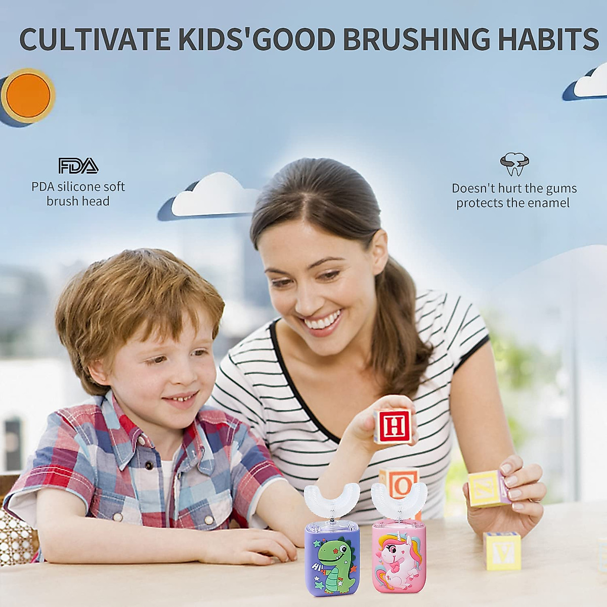 RZM Kids Automatic Sonic Toothbrush- 2 Ergonomic U-Shaped Toothbrush and 1 Regular Brush Head, Six Modes for 360° Sensitive Oral Tooth Cleaning(Pink Unicorn)