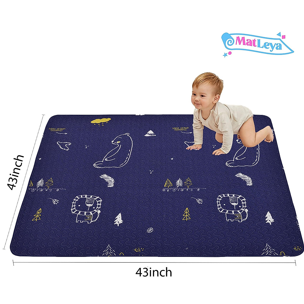 Portable Baby Play Mat Machine Washable, Foldable Crawling Mat for Floor 43x43” Baby Playpen Mat, Soft Non Slip Non-Toxic Playmats for Infants, Kids Tent Mat Square