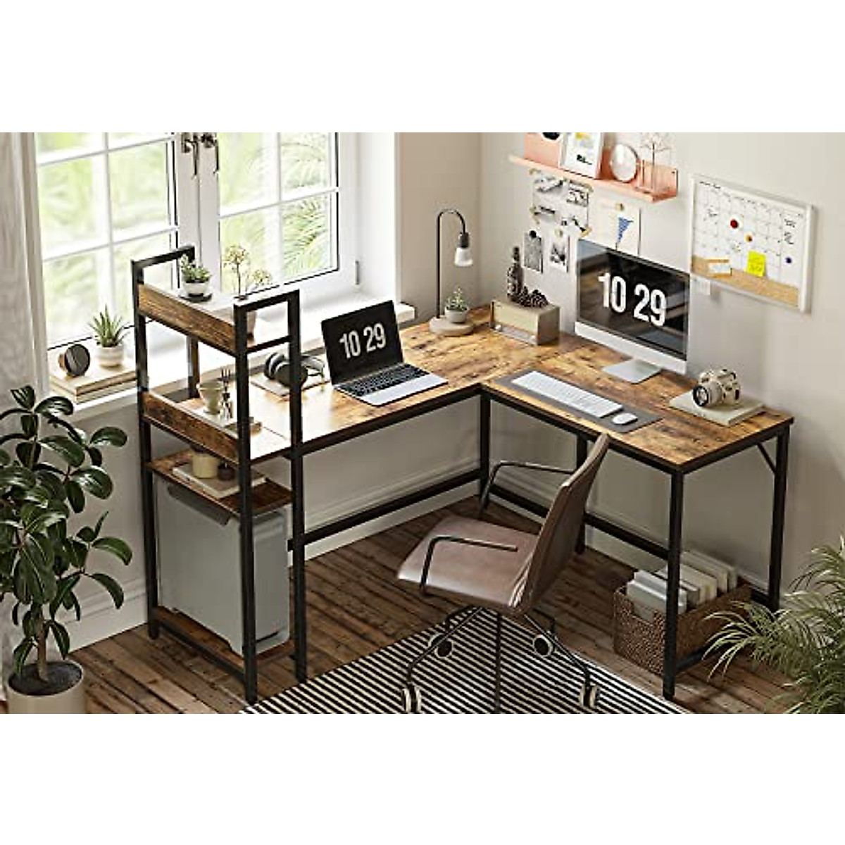 CubiCubi L Shaped Desk with Storage Shelves, Computer Corner Desk for Home Office, Writing Gaming Study Desk Table with Bookshelf, Space Saving, Brown
