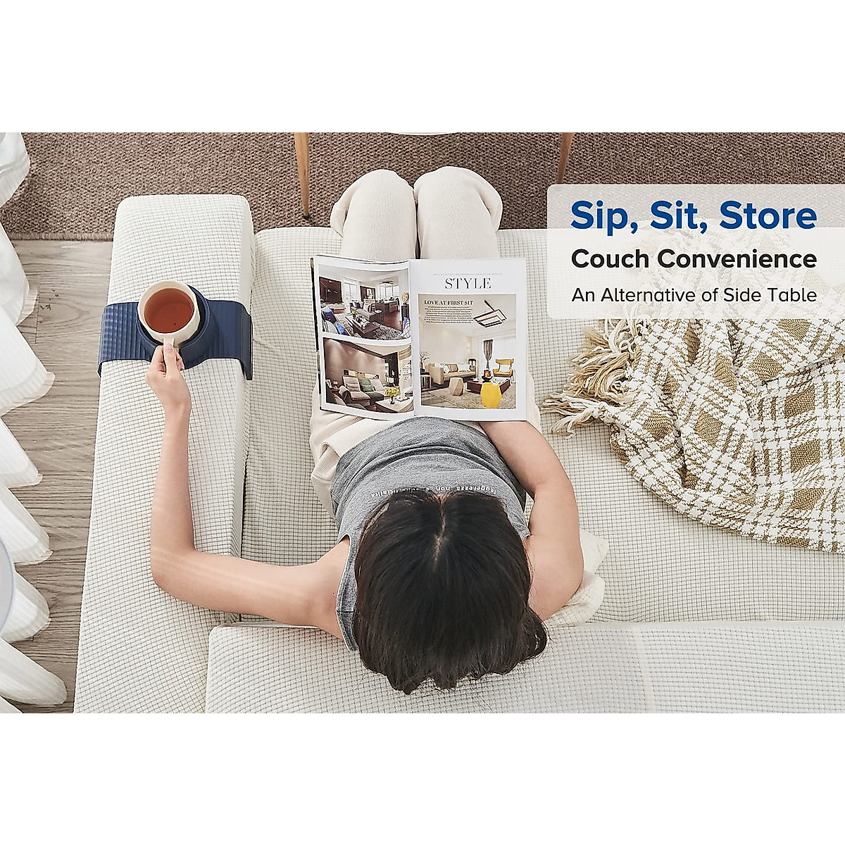 Couch Cup Holder, Elimiko Silicone Sofa Drink Holder with Upgrade Large Cup Holder, for Oversized Mug/Cup/Tumbler/Drink/Coffee/Bottle/Cans, Gifts for Mom, Dad, Husband, Grandma, Grandpa (Navy Blue)