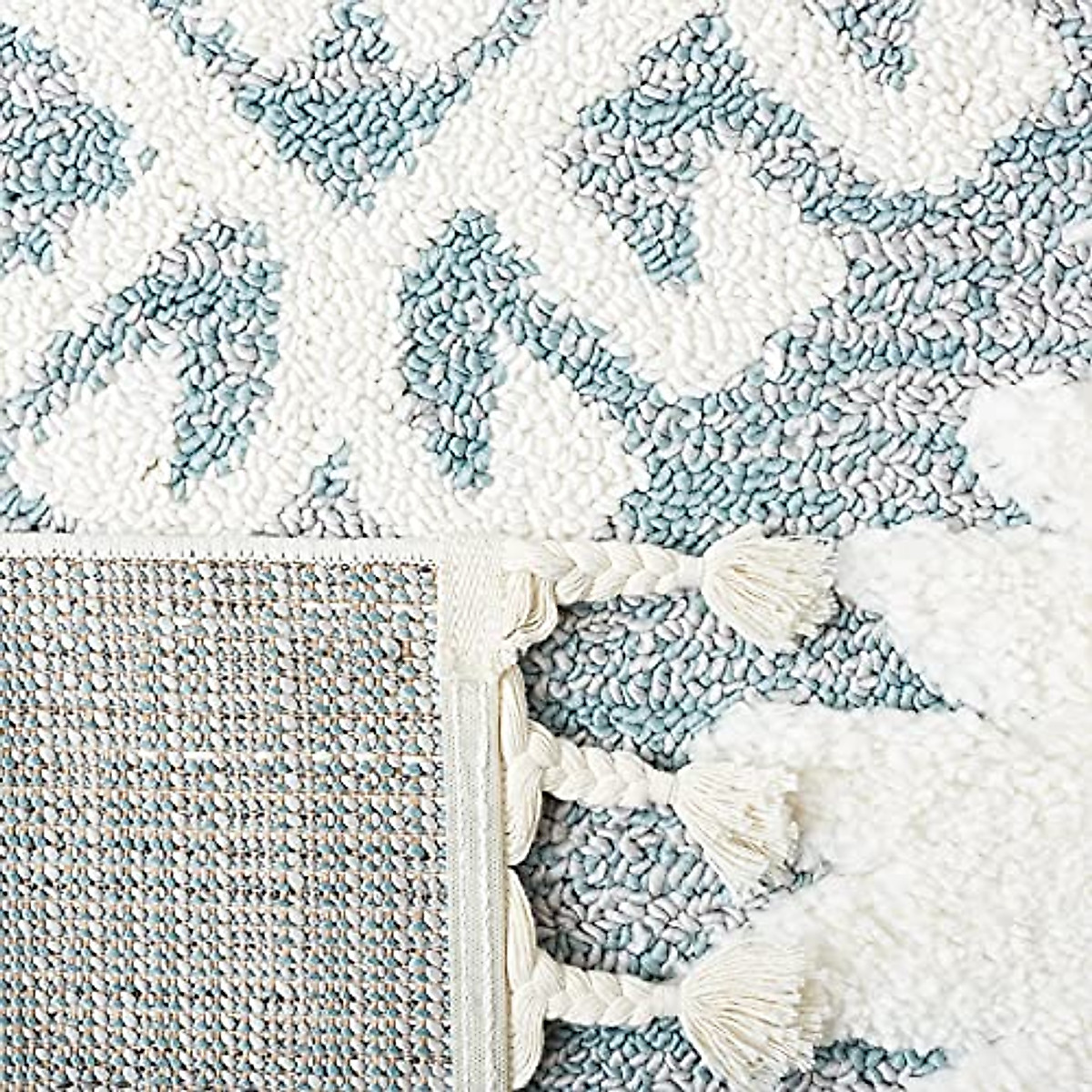 SAFAVIEH Moroccan Tassel Shag Collection Runner Rug - 2'3" x 12', Teal & Ivory, Rustic Trellis, Non-Shedding & Easy Care, 2-inch Thick Ideal for High Traffic Areas in Living Room, Bedroom (MTS652K)