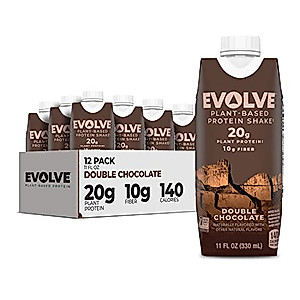Evolve Plant Based Protein Shake, Double Chocolate, 20g Vegan Protein, Dairy Free, No Artificial Sweeteners, Non-GMO, 10g Fiber, 11 Fl Oz (Pack of 12) - (Formula May Vary)