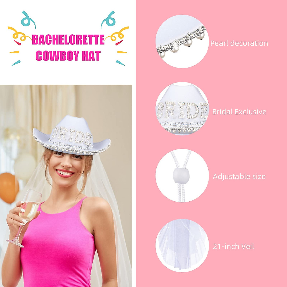 JUSTOTRY Cowgirl Hat With Veil - Bride To Be Bachelorette Party Favor