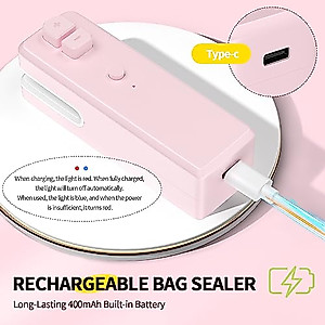 Bag Sealer Mini, 3 in 1 Mini Bag Sealer Heat Seal with Cutter & Magnet, Rechargeable Mini Chip Bag Vacuum Sealer Machine for Reseal Plastic Bags & Keep Snacks Fresh, Portable Kitchen Gadget (PINK)