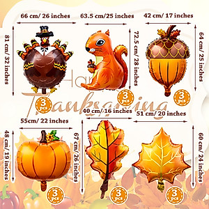 Gemscream 18 Pcs Thanksgiving Foil Balloons Set Large Happy Fall Balloons Maple Leaf Pine Cones Pumpkin Leaf Turkey Squirrel Thanksgiving Balloons for Autumn Theme Festival Party Supplies