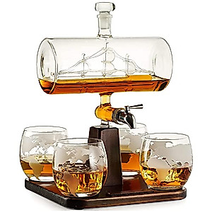 Whiskey & Wine Decanter Gifts for Men & Dad, Ship Decanter 1000ml, Set with 4 Globe Drinking Glasses - Cool Liquor Dispenser for Home Bar Unique Birthday Gift Ideas from Wife, Daughter, Son Present