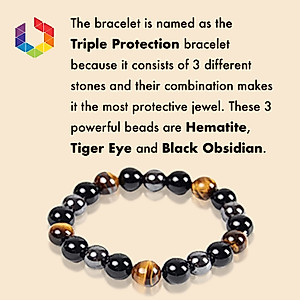 Handmade Bracelets for Women, Men Triple Protection Bead Bracelet -10 mm Hematite, Black Obsidian, Tiger Eye Jewelry Protection - Healing Stone Bead Bracelets for Women and Men Black Obsidian Bracelet