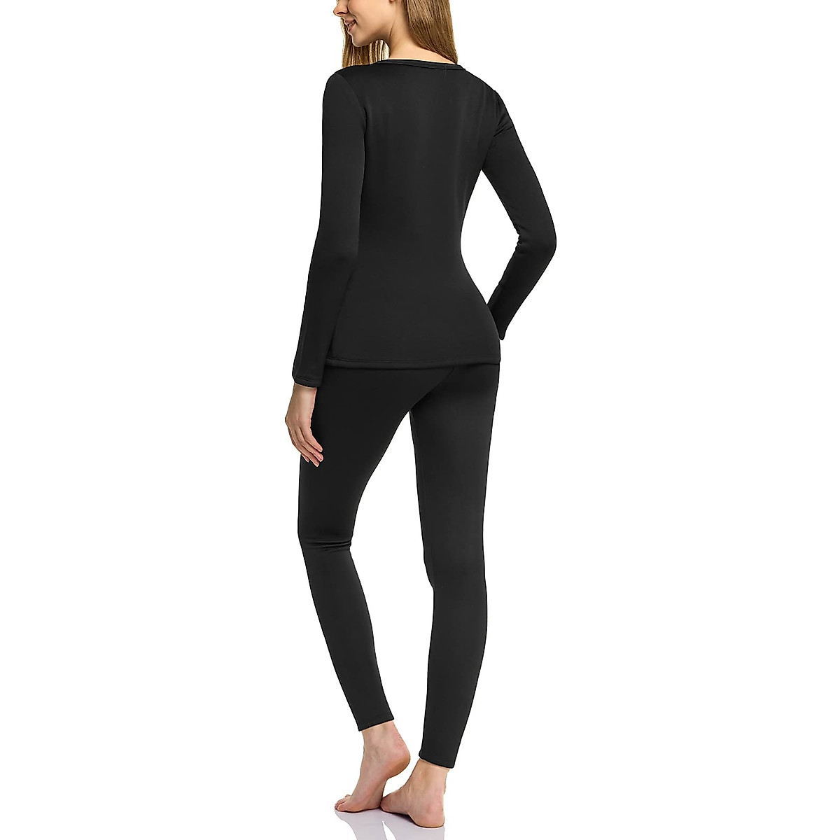 TSLA Women's Thermal Underwear Set, Soft Fleece Lined Long Johns, Winter Warm Base Layer Top & Bottom, Heavyweight Black, Medium