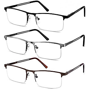 JJWELL 3 Pack Blue Light Reading Glasses for Men, Lightweight Metal Rectangle Semi Rimless Readers for Men, Anti Eyestrain/Computer Glare/UV, Half Frame Spring Hinge Eyeglasses with Pouches