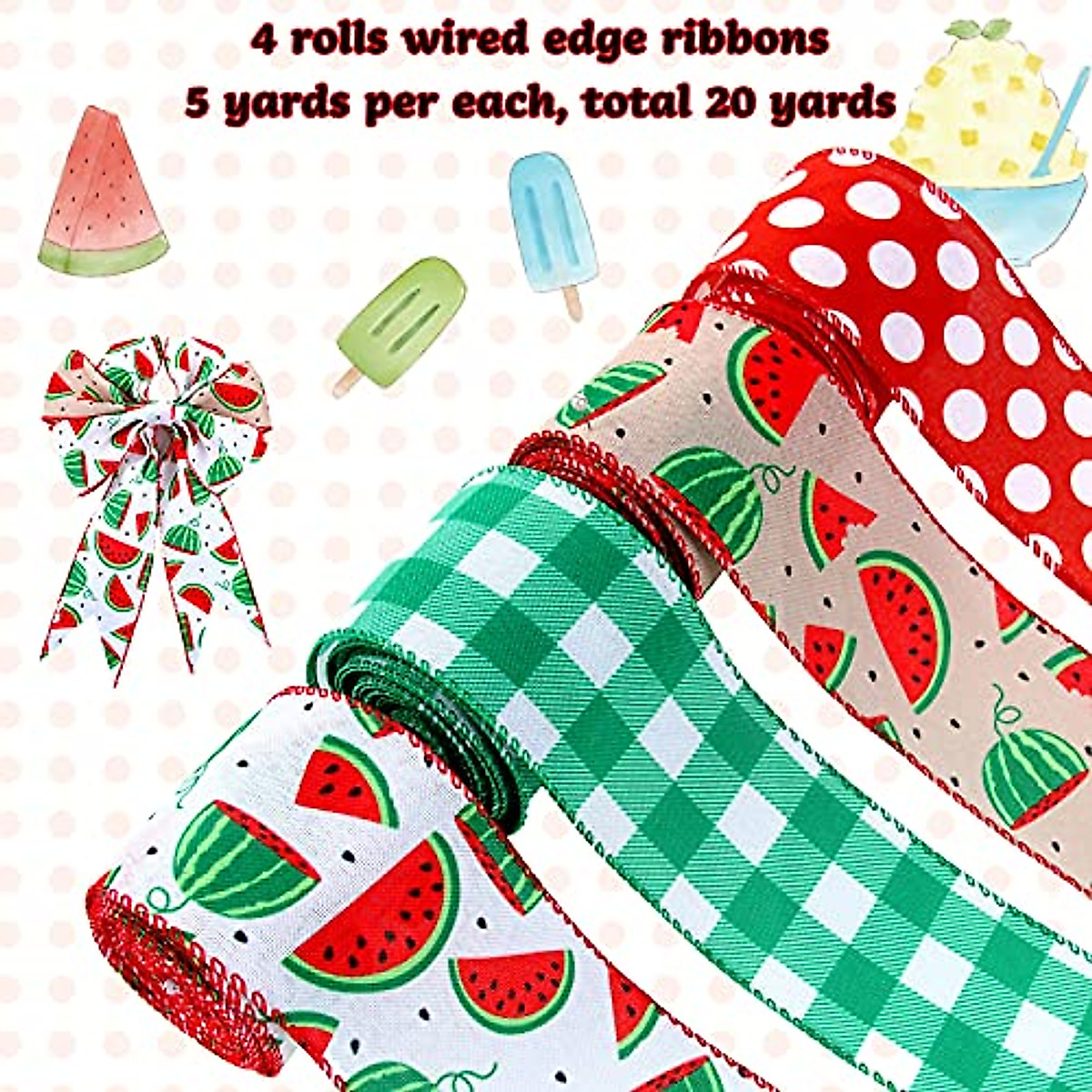 4 Rolls 20 Yards x 2.5 Inch Wired Ribbons Watermelon Printed Ribbons Check Plaid Dot Pattern Green Red Ribbons for Summer Wreaths, Wrapping, Floral Arrangements and DIY Crafting Supplies, 4 Styles