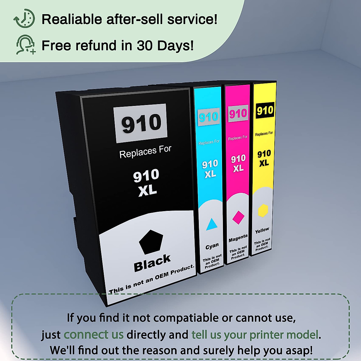 Upgraded 910XL Ink Cartridges Combo Pack High Yield, Compatible with HP OfficeJet 8010 8020 8030 Series Printers, Replace 910 910XL 916 916XL, Black Cyan Magenta Yellow