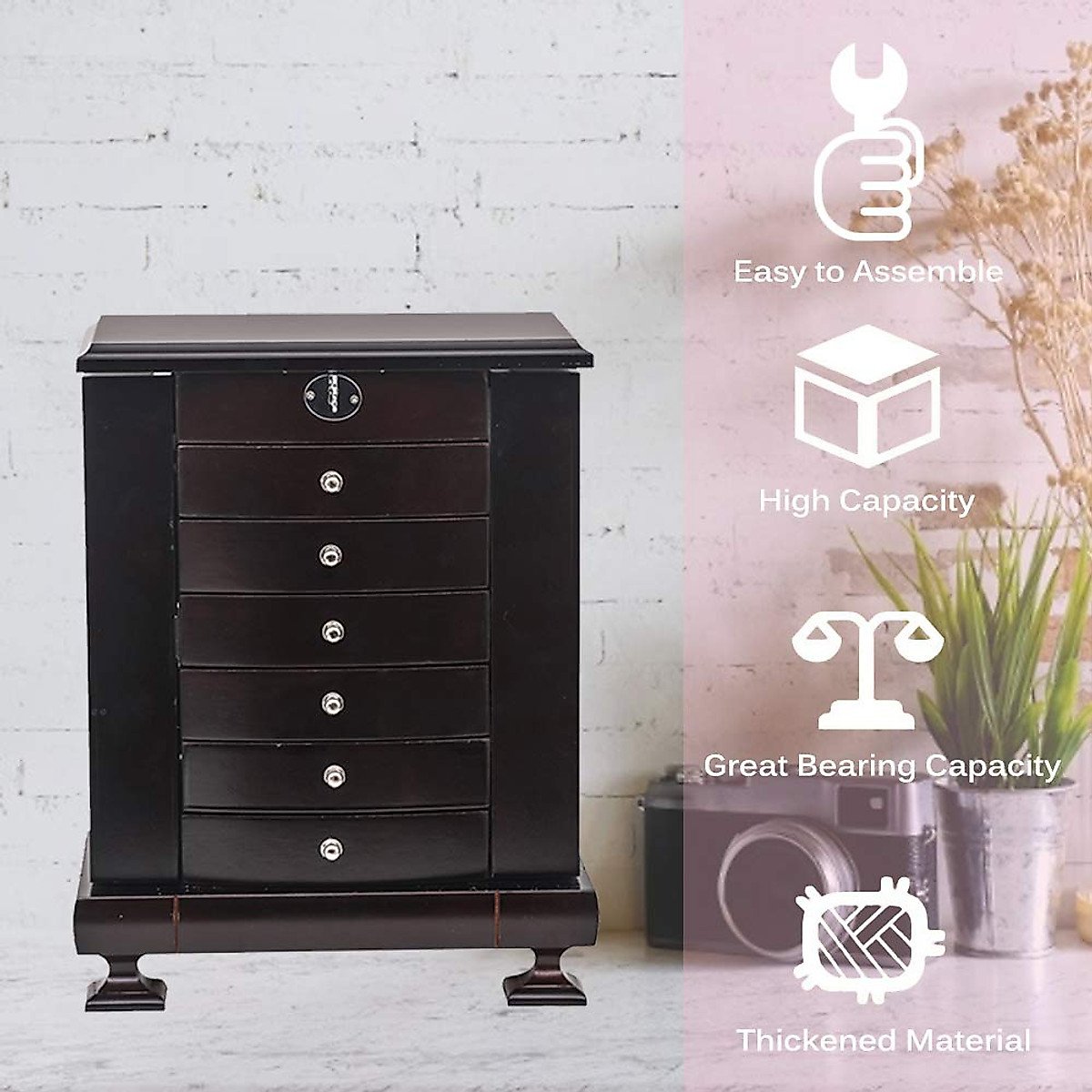 MTFY Jewelry Armoires Cabinet Stand, Large Capacity Storage Stand Organizer, 6 Drawers Freestanding Wooden Jewelry Cabinet with Flip up Mirror, Velvet Lining for Bedroom & Living Room