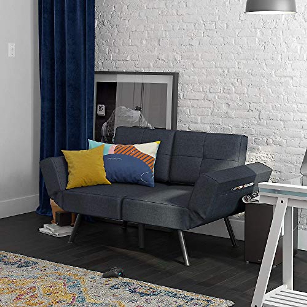 REALROOMS Euro Upholstered Tufted Loveseat Futon with Storage Pockets, Blue Linen