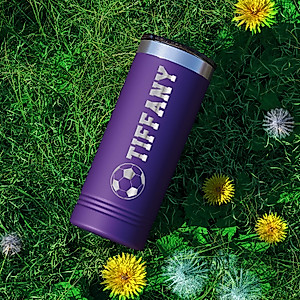 Personalized Soccer Ball Tumbler with Lid Laser Engraved on Purple 22 oz Stainless Steel Insulated Cup Birthday Gift for Men, Women, Sports Lover