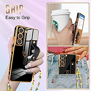 Likiyami (3in1 for Samsung Galaxy S21 FE 5G/4G Case Heart Women Girls Cute Girly Aesthetic Trendy Luxury Pretty with Loop Phone Cases Black and Gold Plating Love Hearts Cover+Screen+Chain-6.4 inch