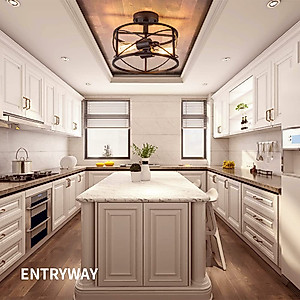 Black Semi Flush Ceiling Light Fixture, 2-Light Farmhouse Flush Mount Light Fixtures, Modern Industrial Metal Cage Pendant Lighting for Hallway, Bedroom, Kitchen, Foyer, Living Room, Dining Room