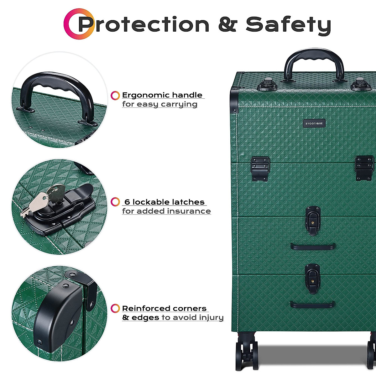 BYOOTIQUE Rolling Makeup Train Case Lockable Portable Cosmetic Organizer Trolley 2 Drawer Beauty Salon