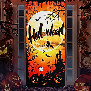 Halloween Door Decoration Happy Halloween Door Cover, Large Fabric Halloween Party Decorations Door Cover for Front Door Porch Wall Decoration Halloween Party Supplies Indoor Outdoor,5.9x2.9 Feet, D
